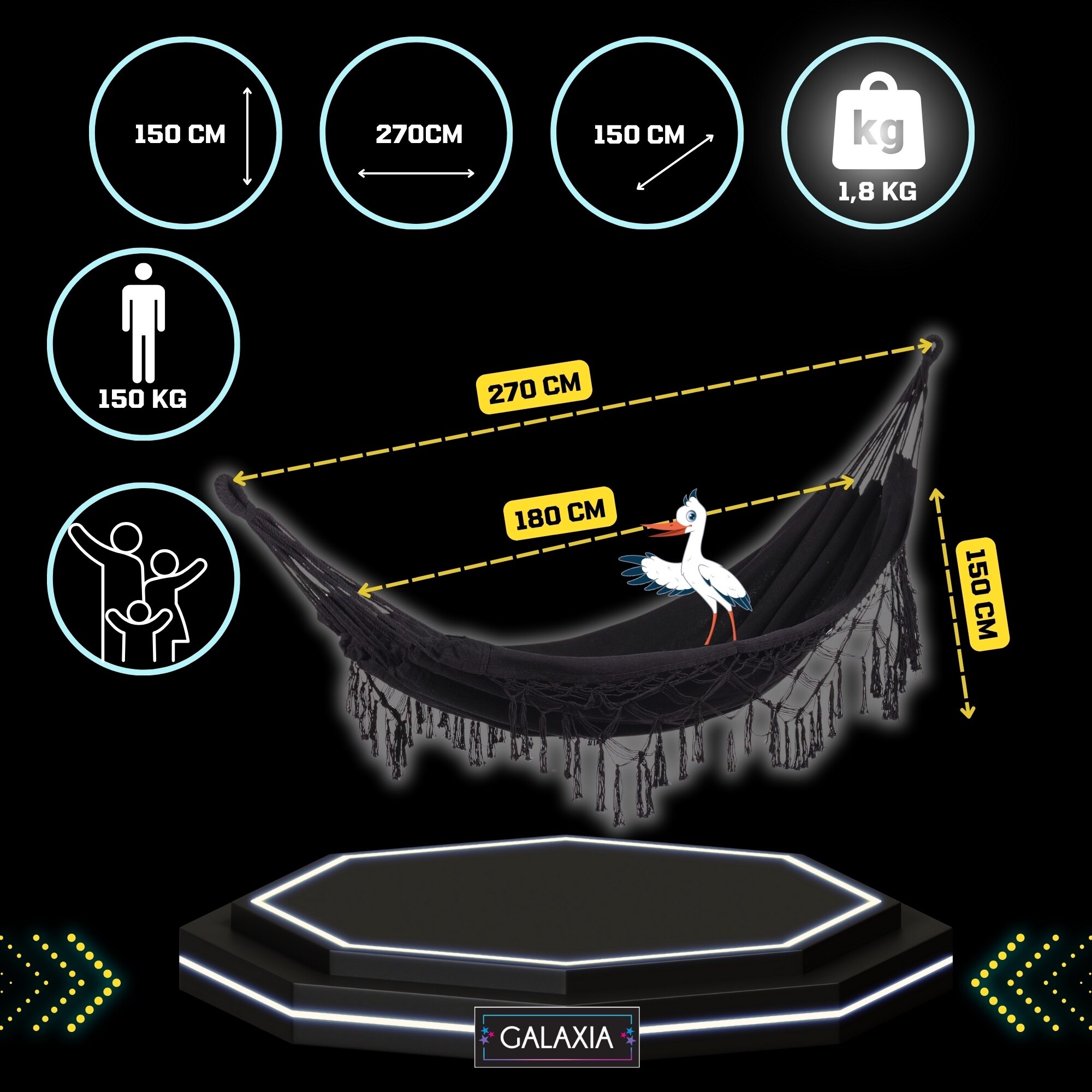 Hamac de gradina, 270x150 cm GALAXIA®, stil boho, bumbac, Turist, Negru ...