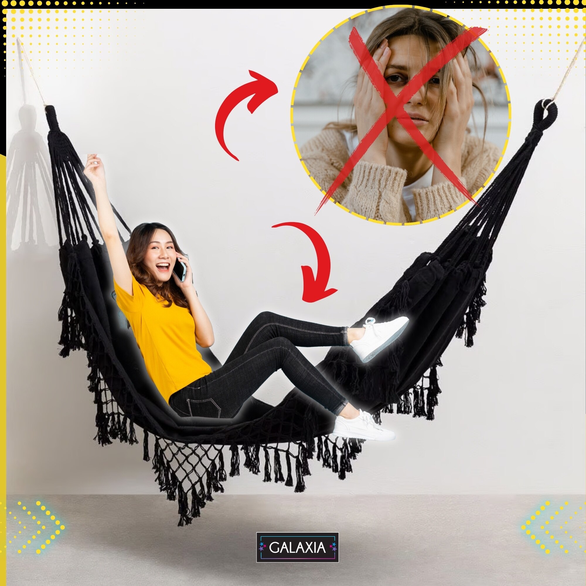 Hamac de gradina, 270x150 cm GALAXIA®, stil boho, bumbac, Turist, Negru ...