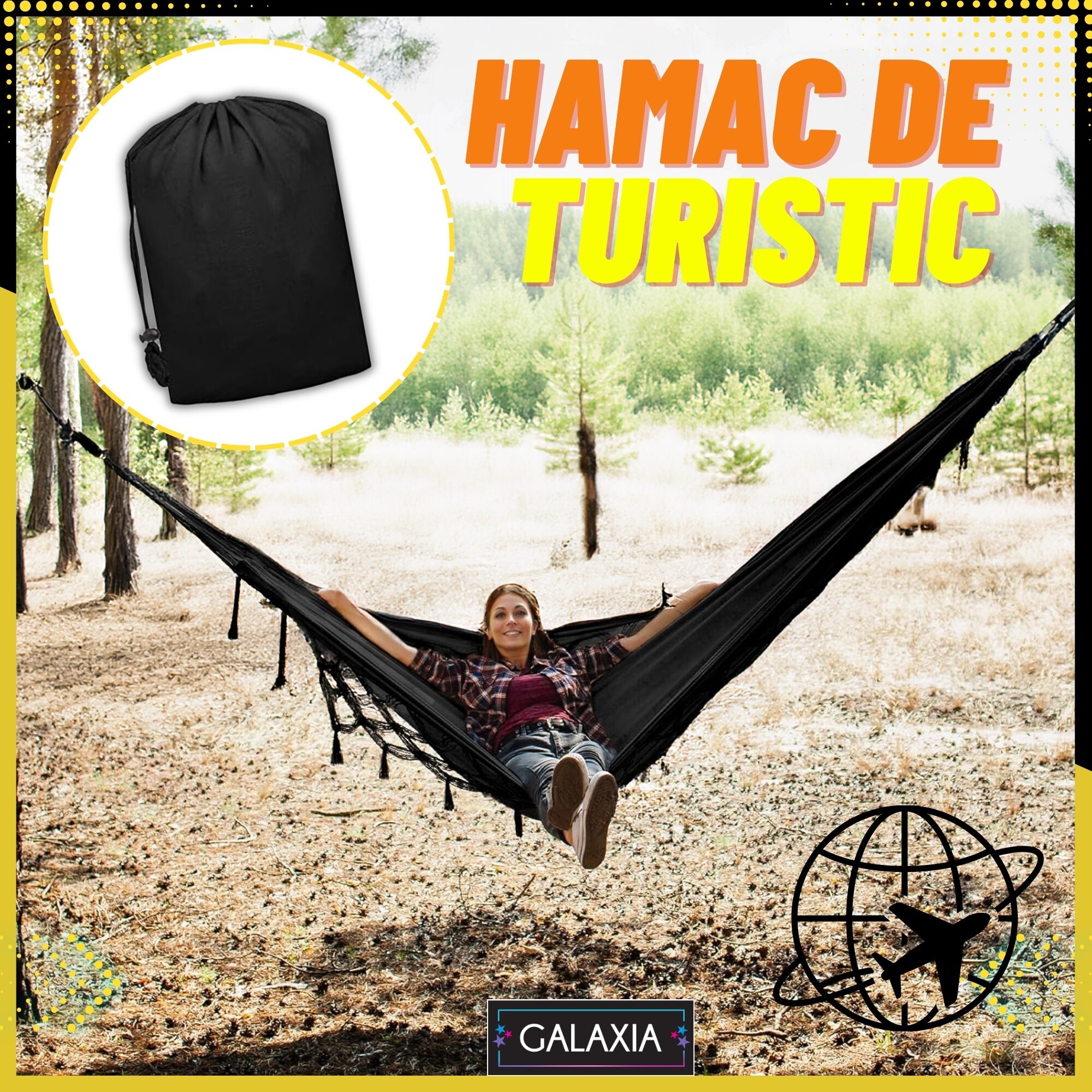 Hamac de gradina, 270x150 cm GALAXIA®, stil boho, bumbac, Turist, Negru ...
