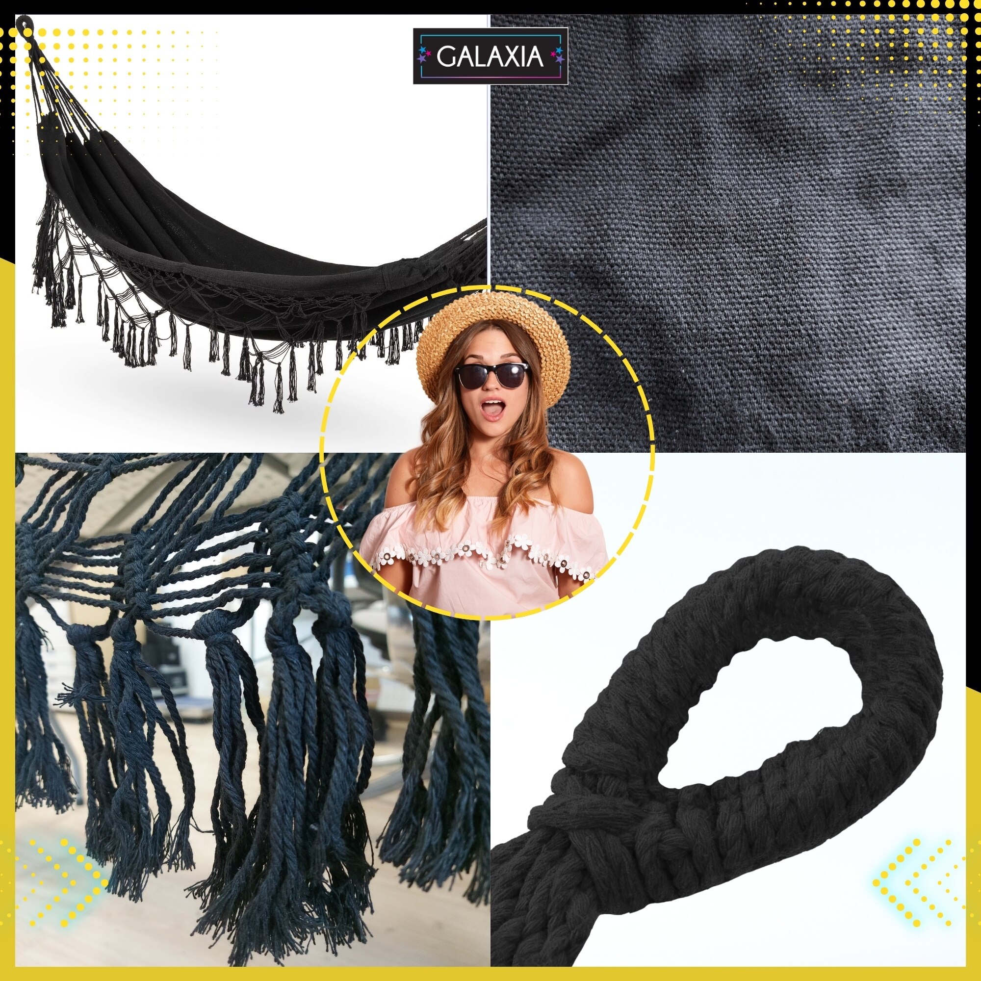 Hamac de gradina, 270x150 cm GALAXIA®, stil boho, bumbac, Turist, Negru ...