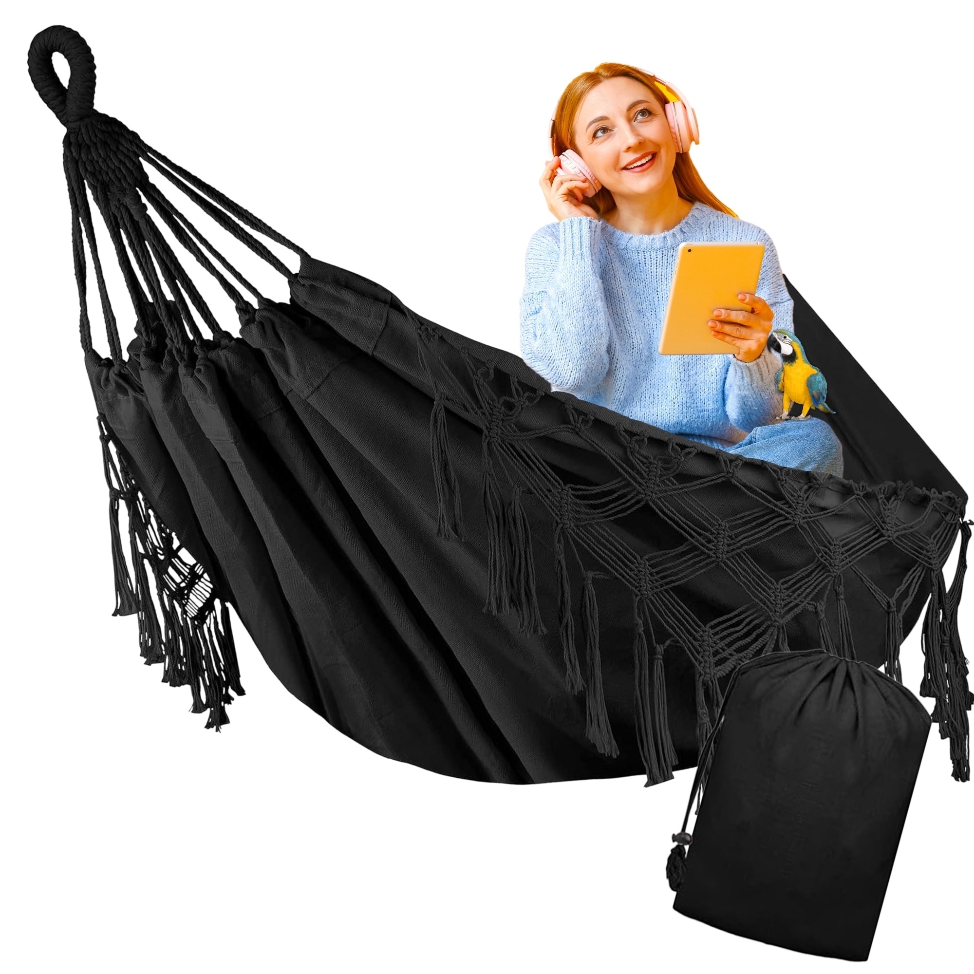 Hamac de gradina, 270x150 cm GALAXIA®, stil boho, bumbac, Turist, Negru ...