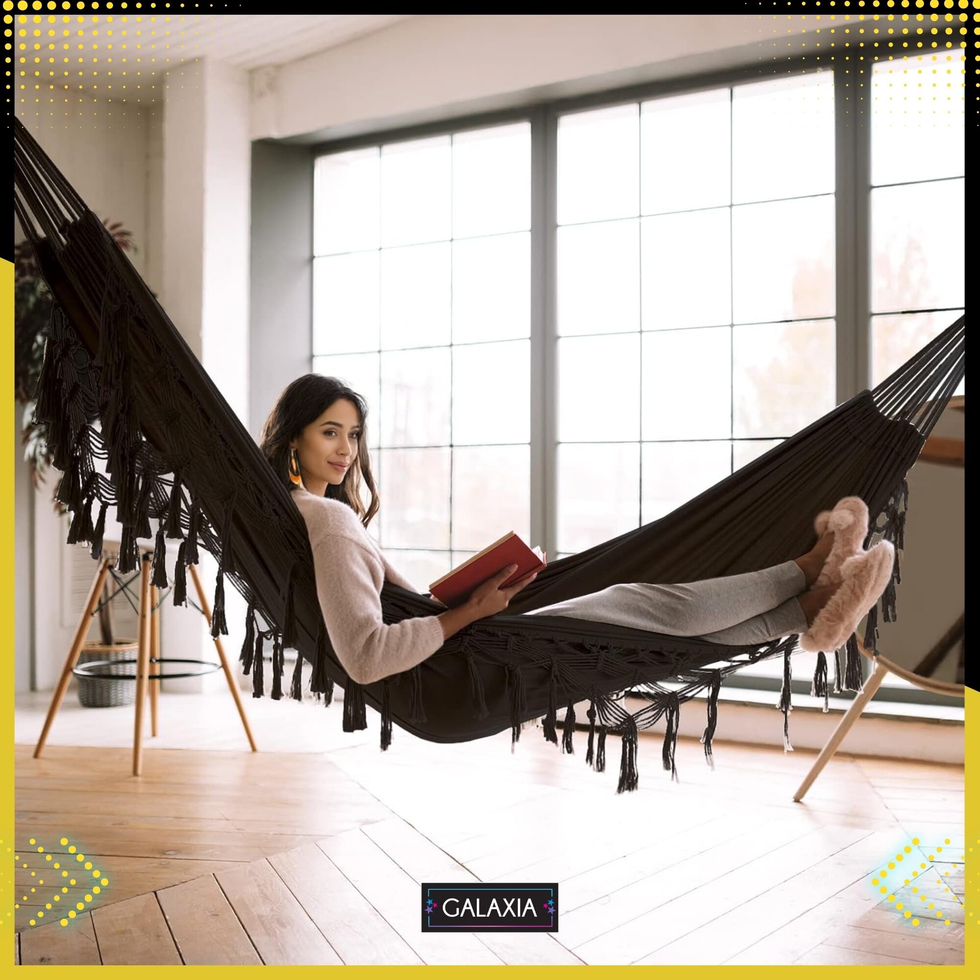 Hamac de gradina, 270x150 cm GALAXIA®, stil boho, bumbac, Turist, Negru ...