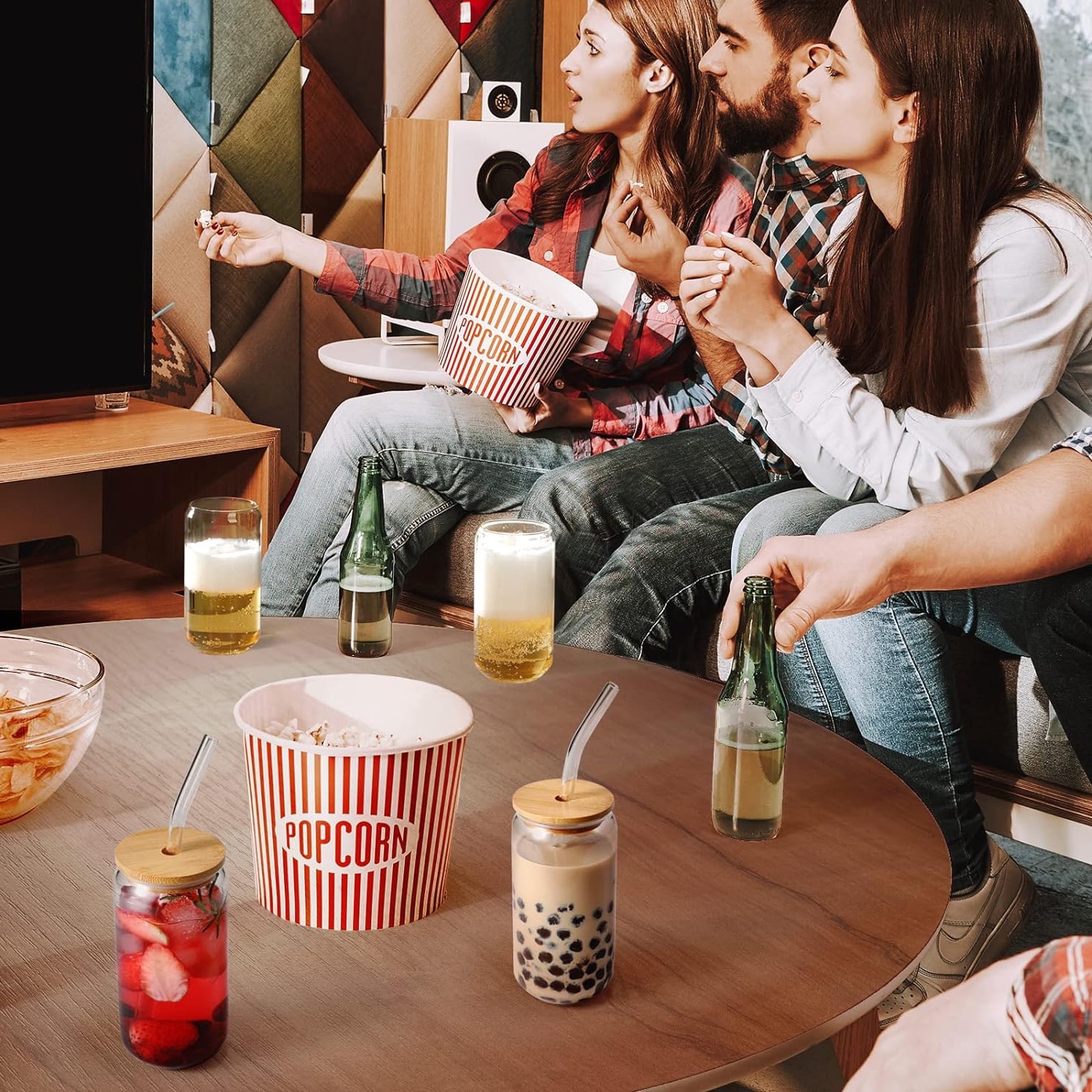 Set 4 Pahare din Sticla cu Capac din Bambus si Pai din Sticla - 480ml ...