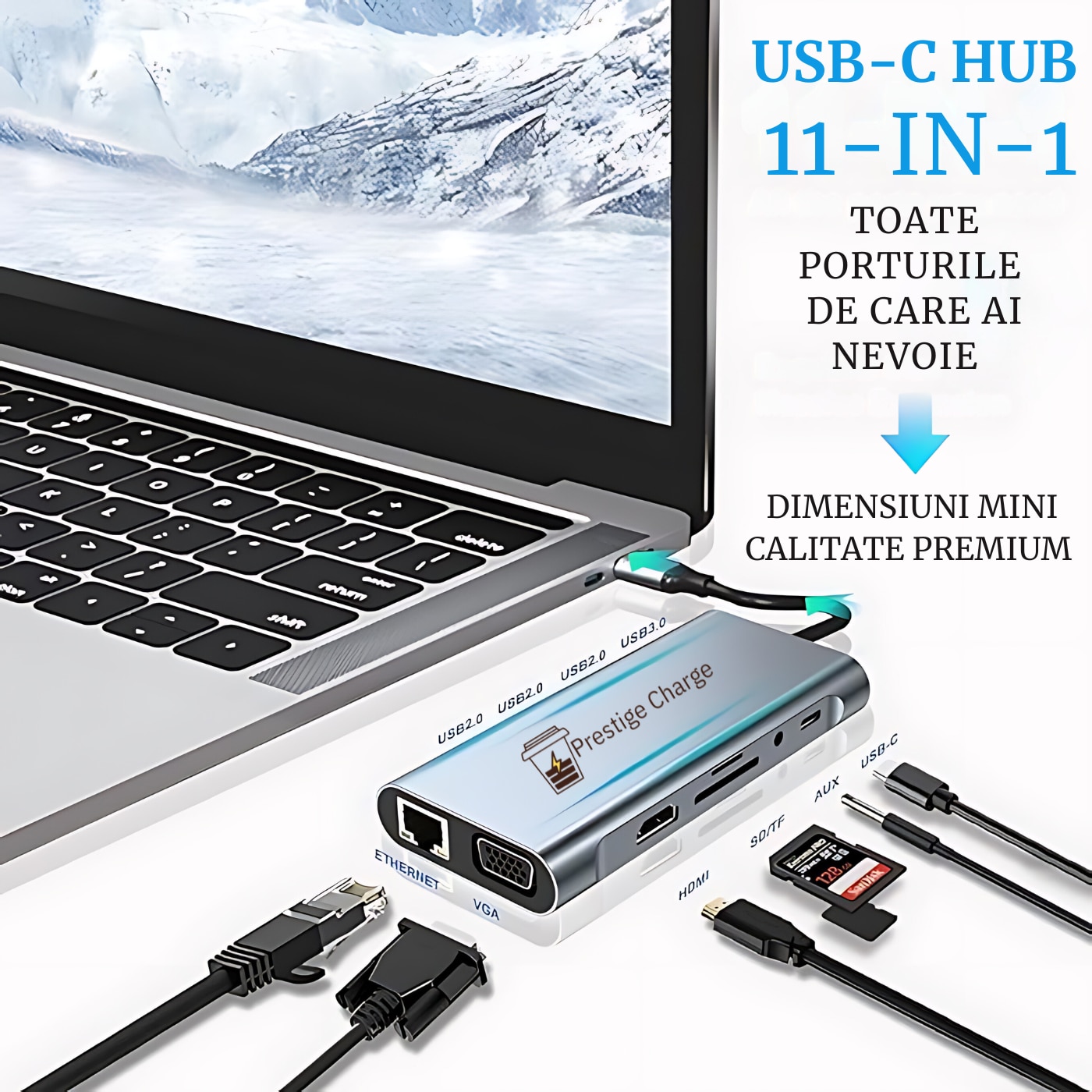 HUB USB-C 11-in-1, PRESTIGE CHARGE®, conectare 2 monitoare, alimentare ...