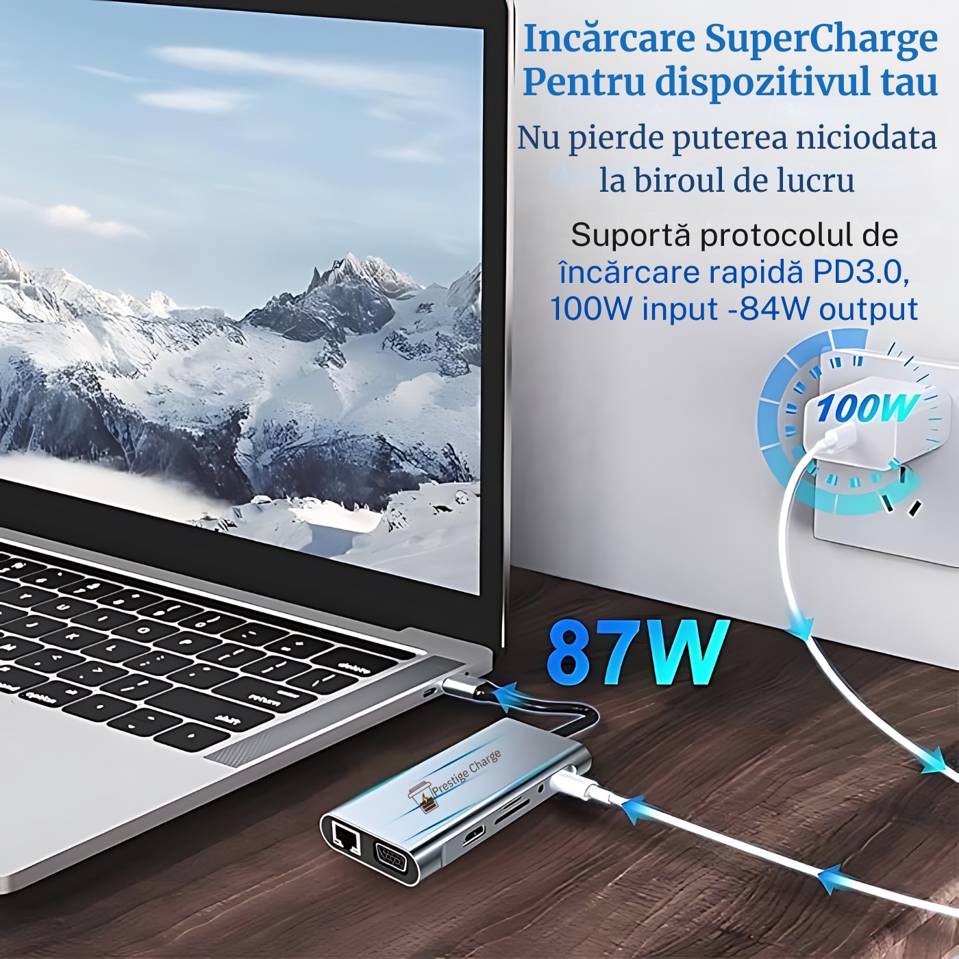 HUB USB-C 11-in-1, AHA PRINT®, conectare 2 monitoare, incarcare, audio ...