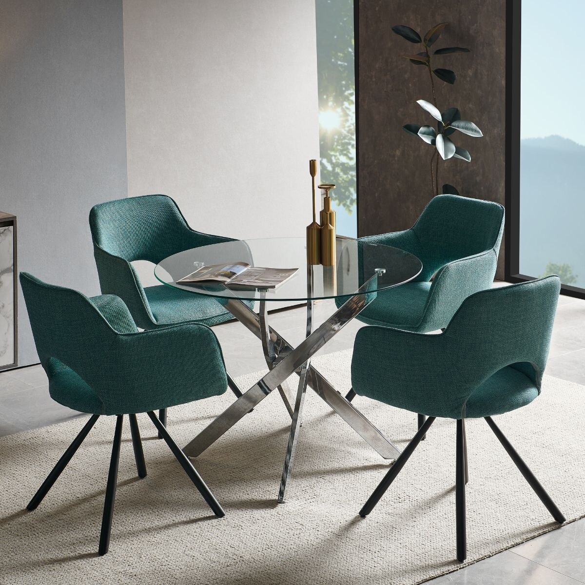 Masa dining rotunda cu cadru metalic cromat si blat din sticla ...