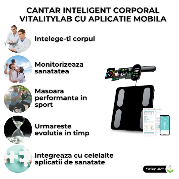 Cantar inteligent Vitality Lab™ Pro Scan, 28 indicatori corporali, 8 ...