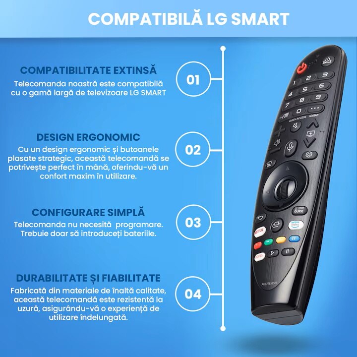 Telecomanda TV GSC ® Compatibila LG Smart, Netflix, Movies, Prime Video, Smart, neagra, baterii ...