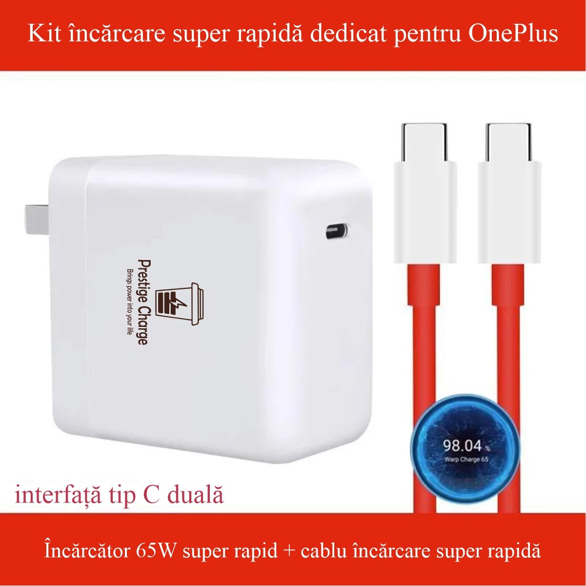Incarcator WarpCharge TypeC 65W, AHA PRINT®, pentru OnePlus, inclus ...