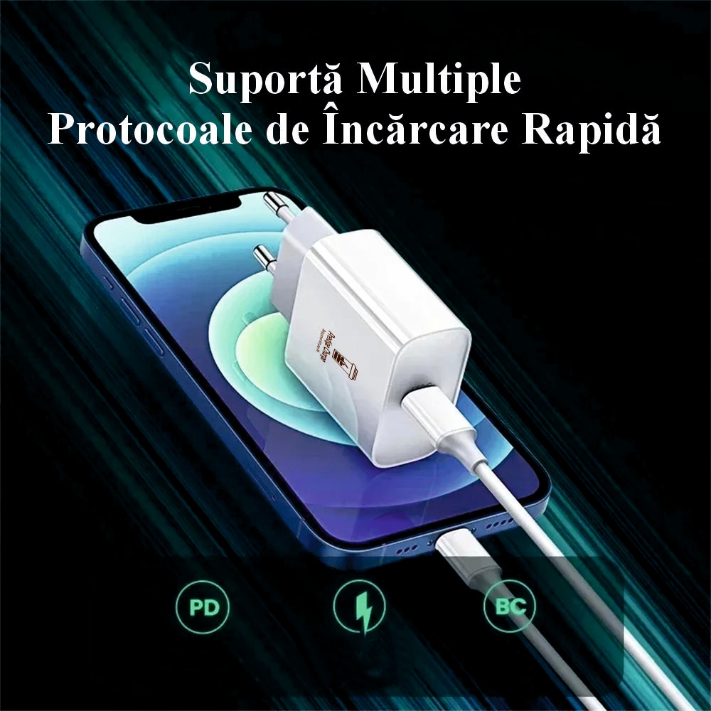 Incarcator FastCharge USB-C, 20W, AHA PRINT®, inclus cablu Lightning 1m ...