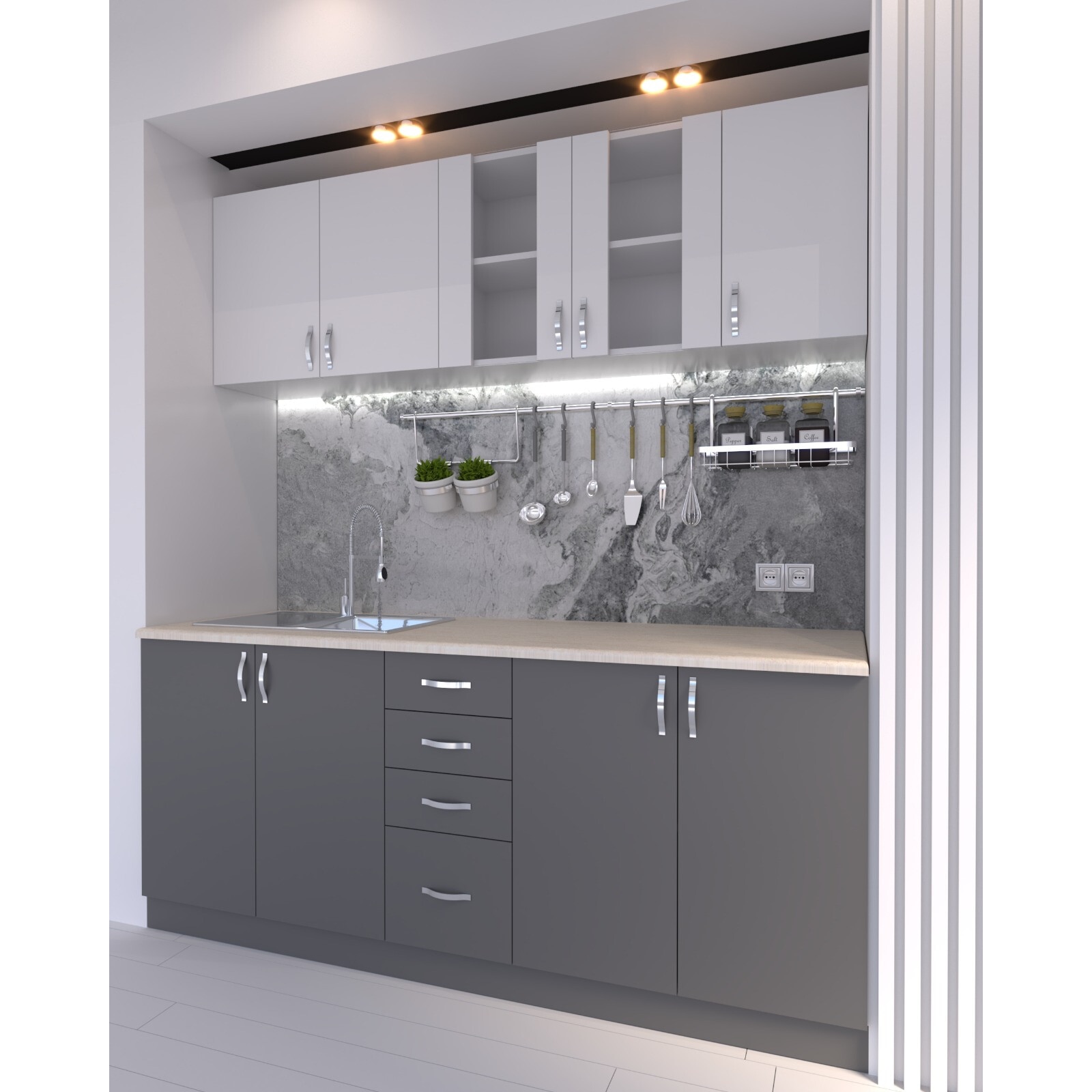Set Mobila Bucatarie Corsica 200cm Gri si Alb - eMAG.ro