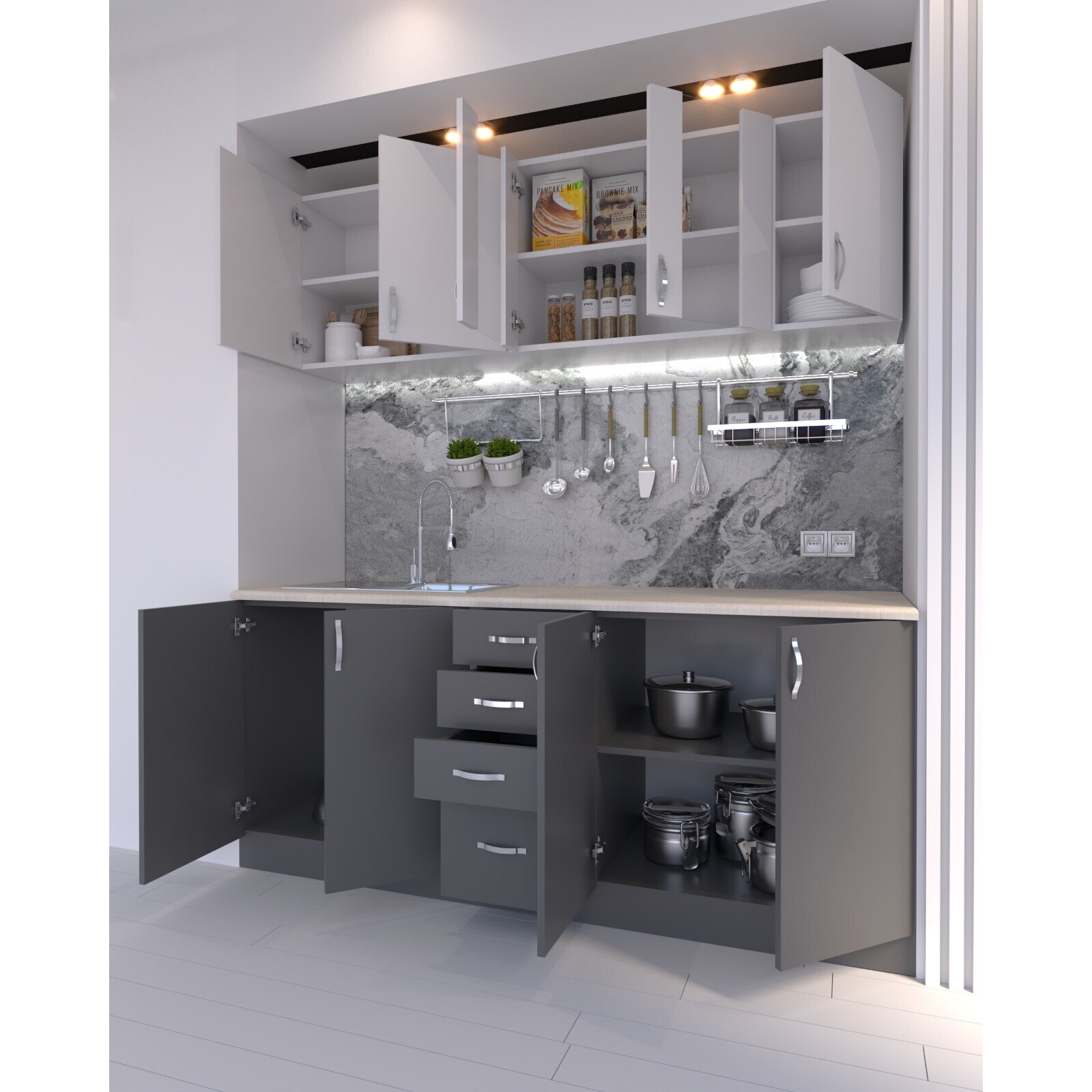 Set Mobila Bucatarie Corsica 200cm Gri si Alb - eMAG.ro