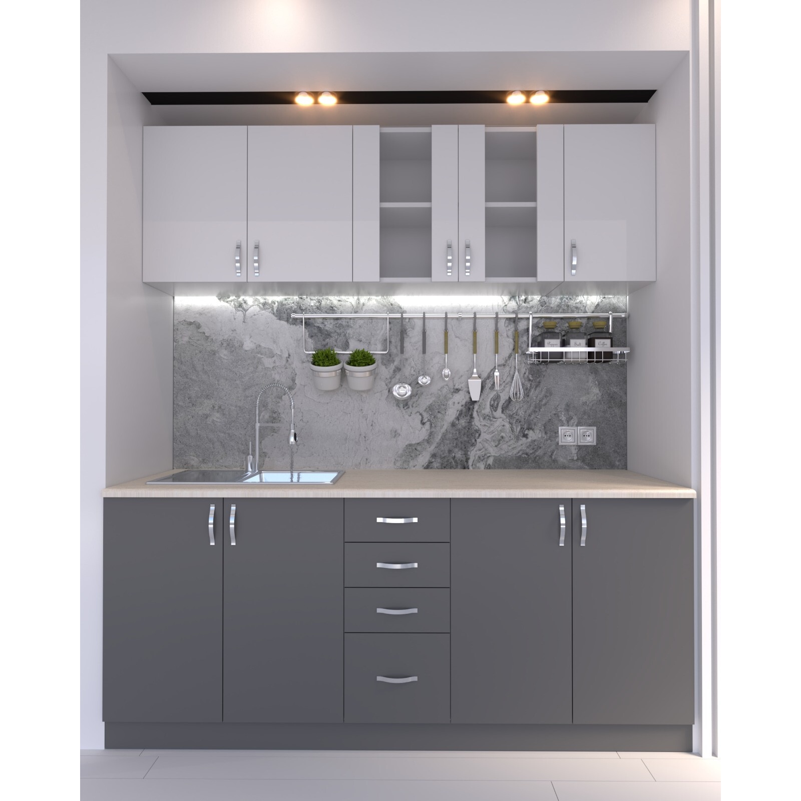 Set Mobila Bucatarie Corsica 200cm Gri si Alb - eMAG.ro