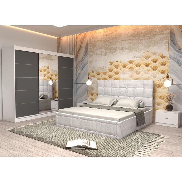 Dormitor Andrei cu Pat Tapitat Alb Stofa de 160x200 cu Dulap 250 Alb cu ...