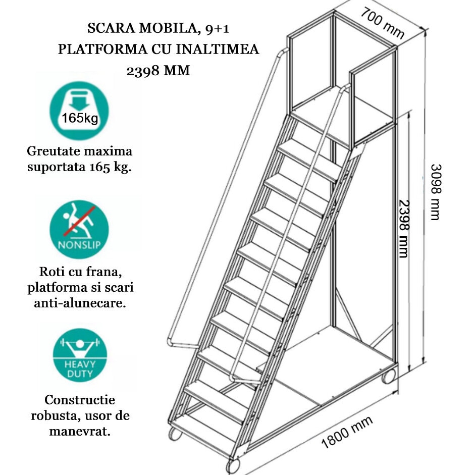Scara mobila cu platforma 9+1 trepte antiderapante, Handlekraft ...