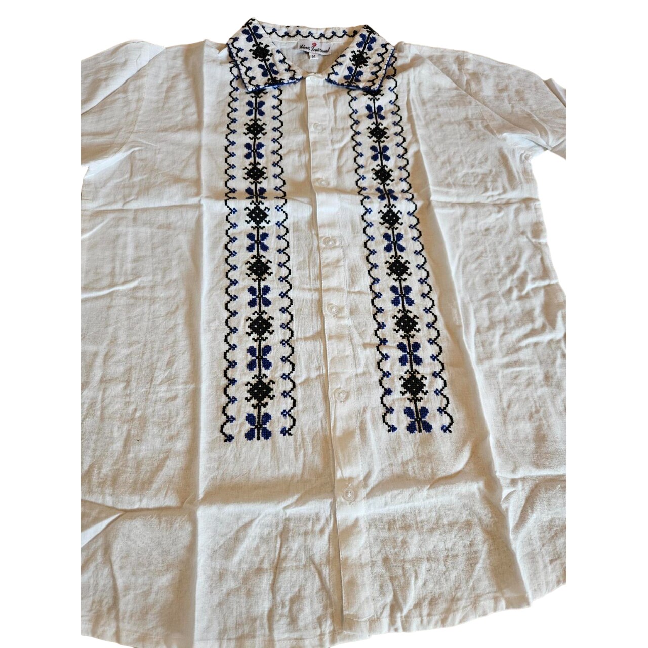 Ie traditionala, alba, model traditional, broderie albastra, barbati ...