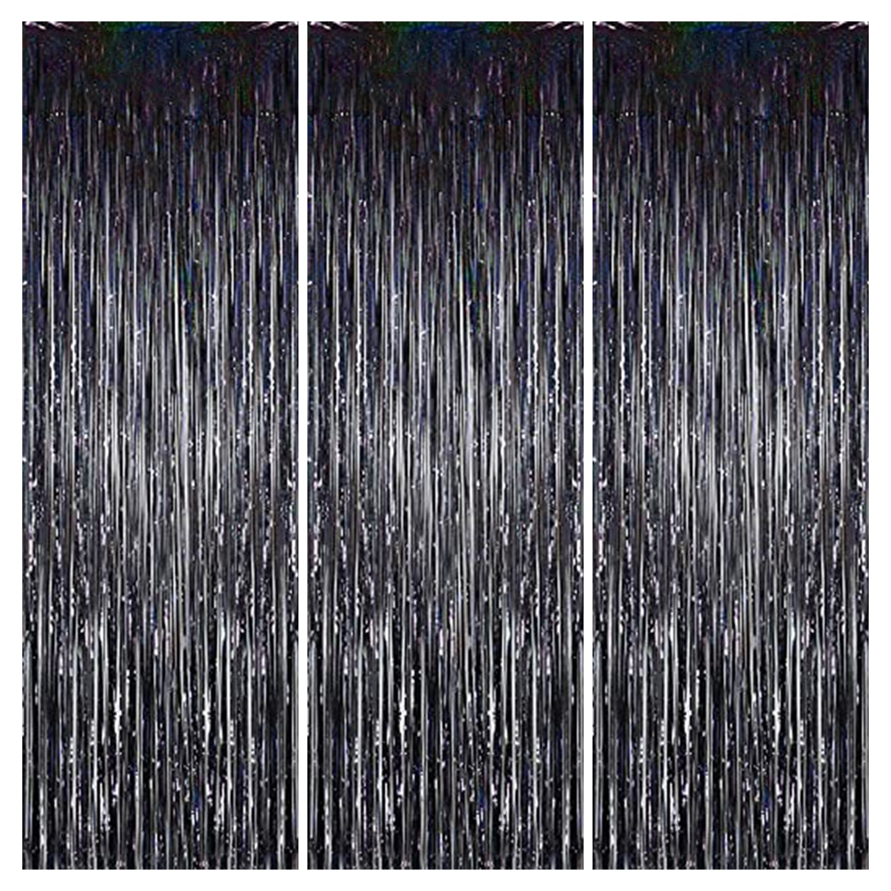 Set de 3 Draperii cu Franjuri Cozevdnt, Folie Metalica, Negru, 1x2m ...