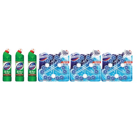 Set Curatenie Toaleta Domestos 6 x Componente, 3 x solutie WC lichid ...