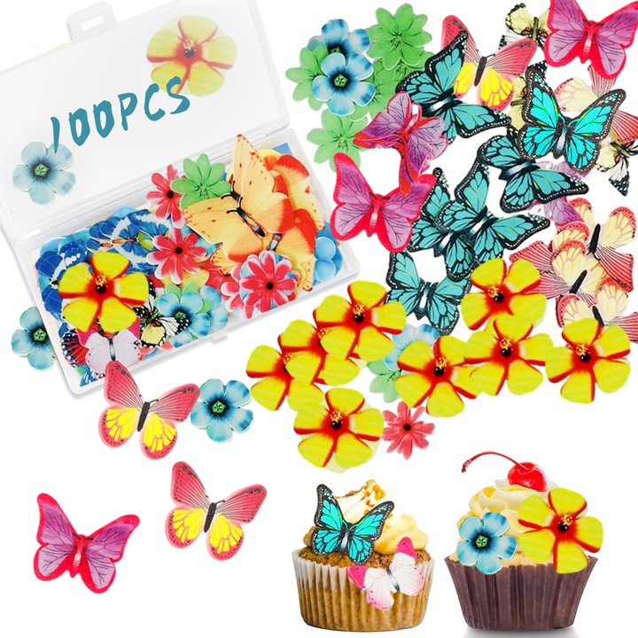 Set 100 decoratiuni comestibile pentru tort, fluturi si flori ...