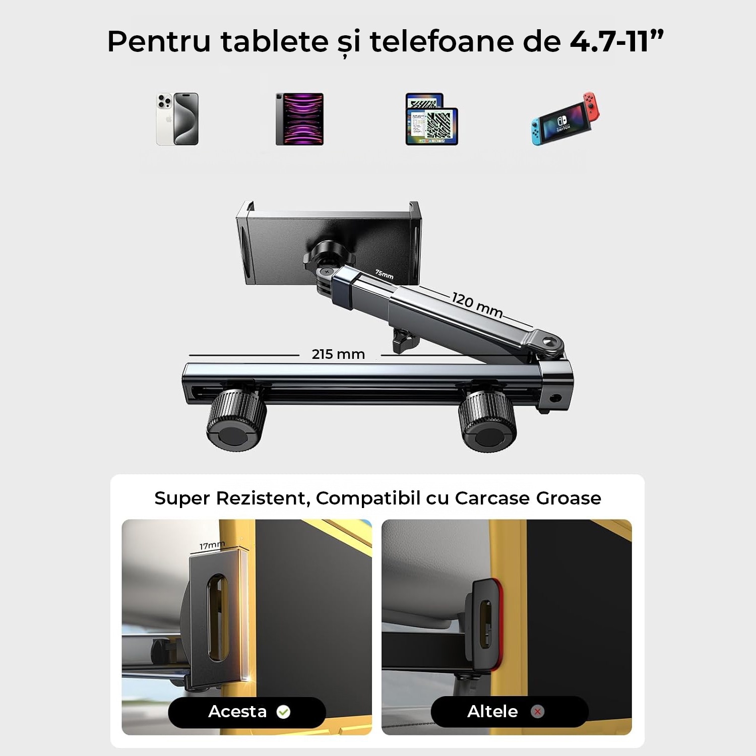 Suport auto de Tableta si Telefon pentru tetiera, 4.7-11 inch, brat de ...