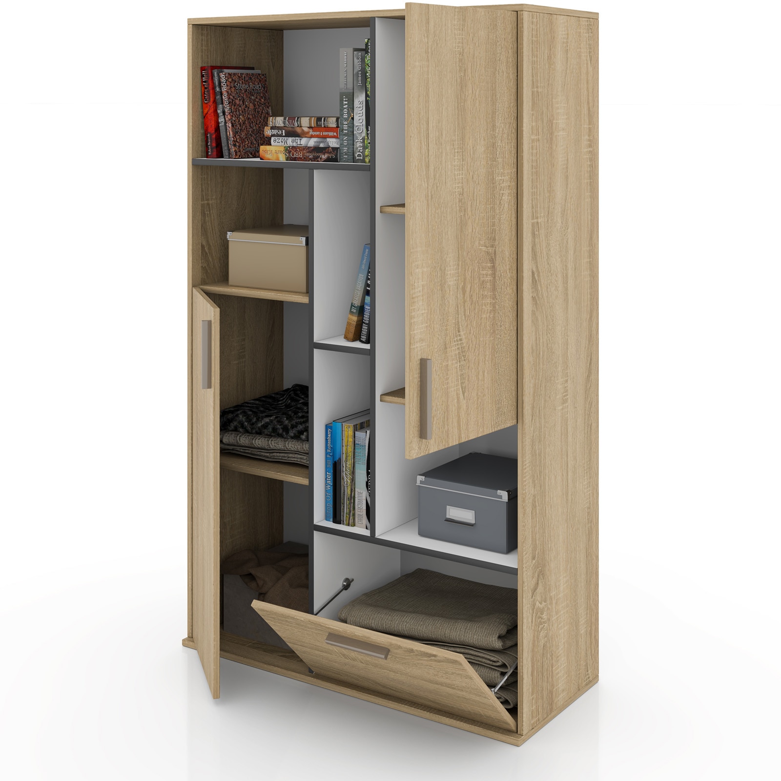 Dulap Irim Cairo, 100x163x42, 3 usi, 7 polite, culoare sonoma/alb - eMAG.ro