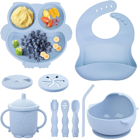 Set 10 piese hranire bebelusi MOSMAOO®, diversificare, silicon, baveta, farfurie cu, bol cu ...