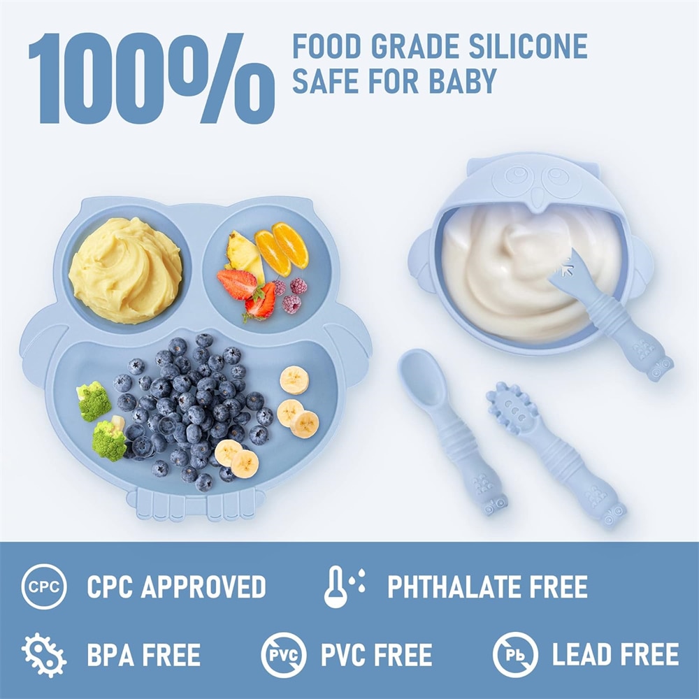 Set 10 piese hranire bebelusi MOSMAOO®, diversificare, silicon, baveta, farfurie cu, bol cu ...