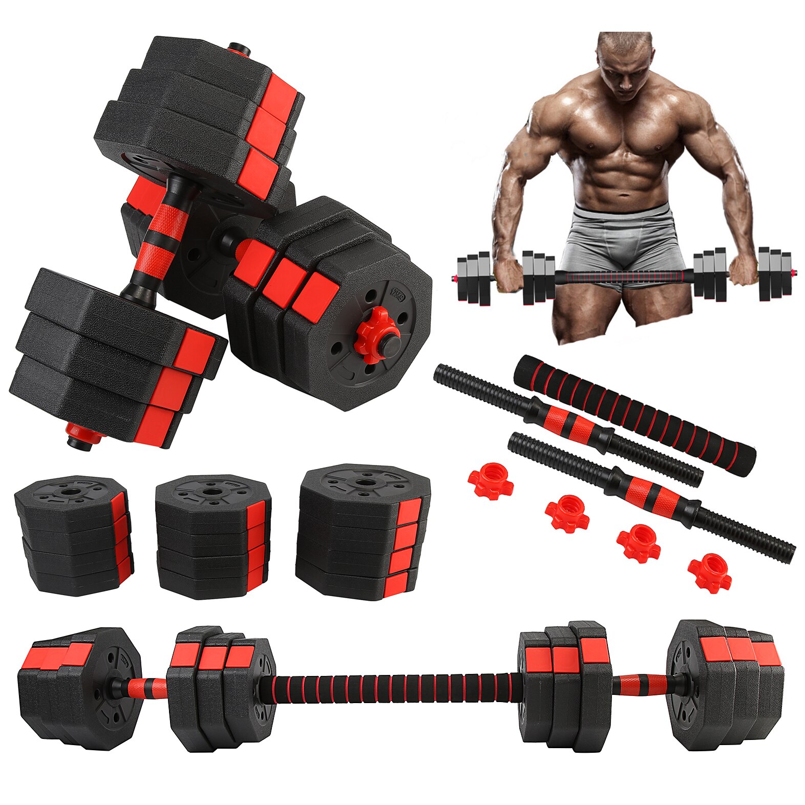 Set multifunctional gantere reglabile, cu bare, cu sistem de conectare si cleme prindere, 20kg ...