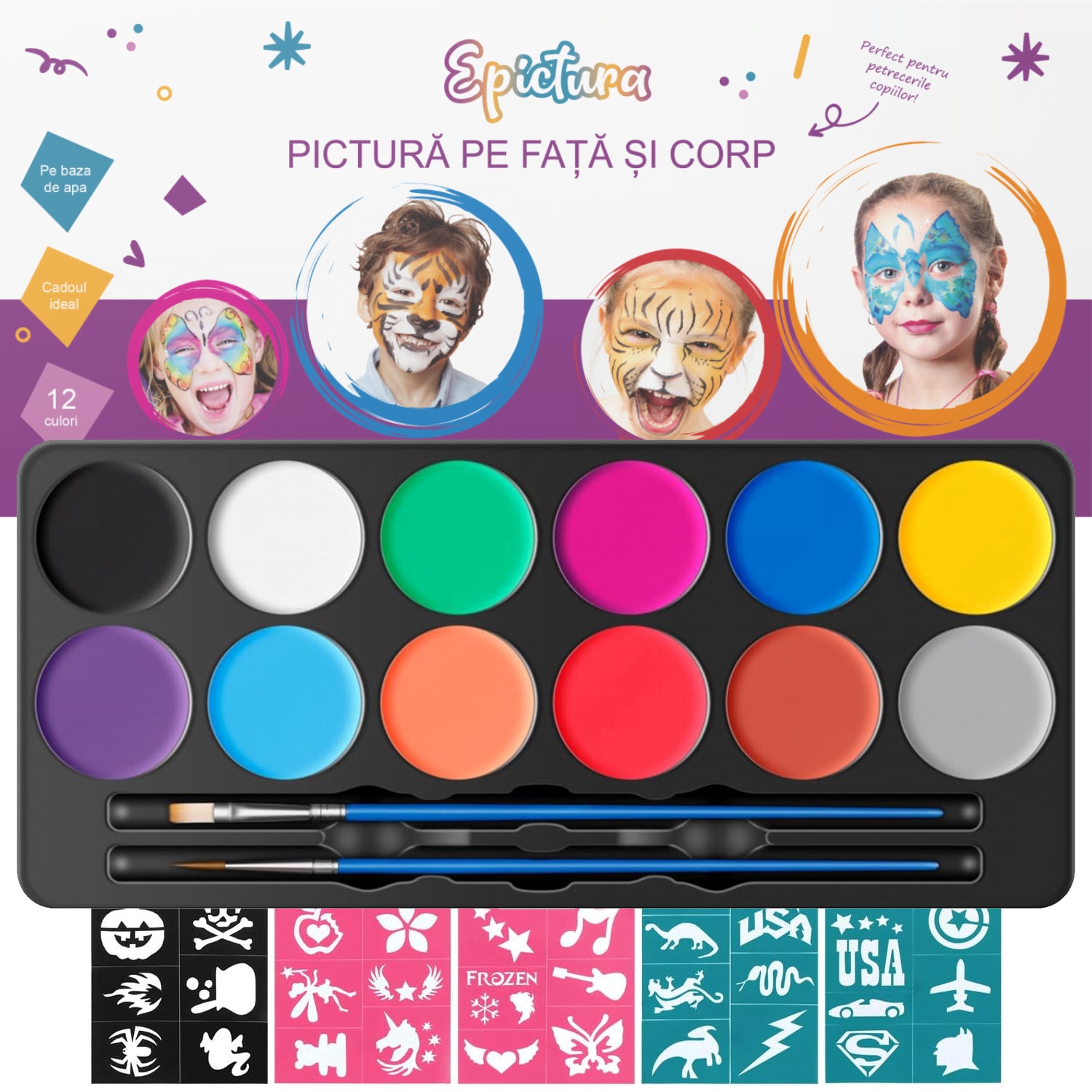Set profesional pictura pe fata si corp, copii, 12 culori, vopsea pe ...