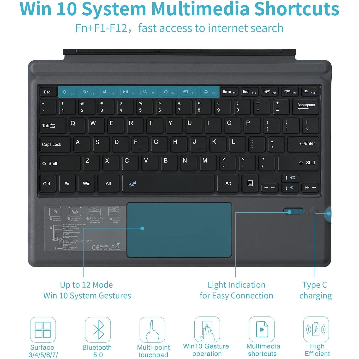 Tastatura wireless detasabila Fokelyi, pentru Microsoft Surface Pro 7/6 ...