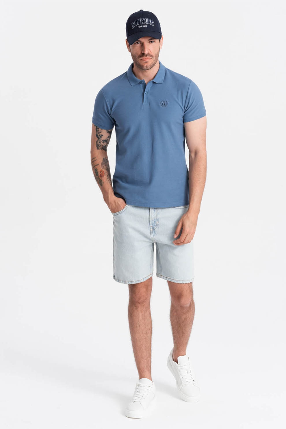 OMBRE, Tricou polo cu model uni, Albastru prafuit, M - eMAG.ro