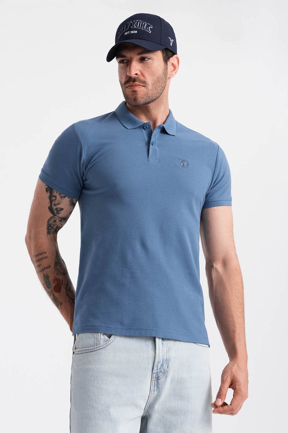 OMBRE, Tricou polo cu model uni, Albastru prafuit, M - eMAG.ro