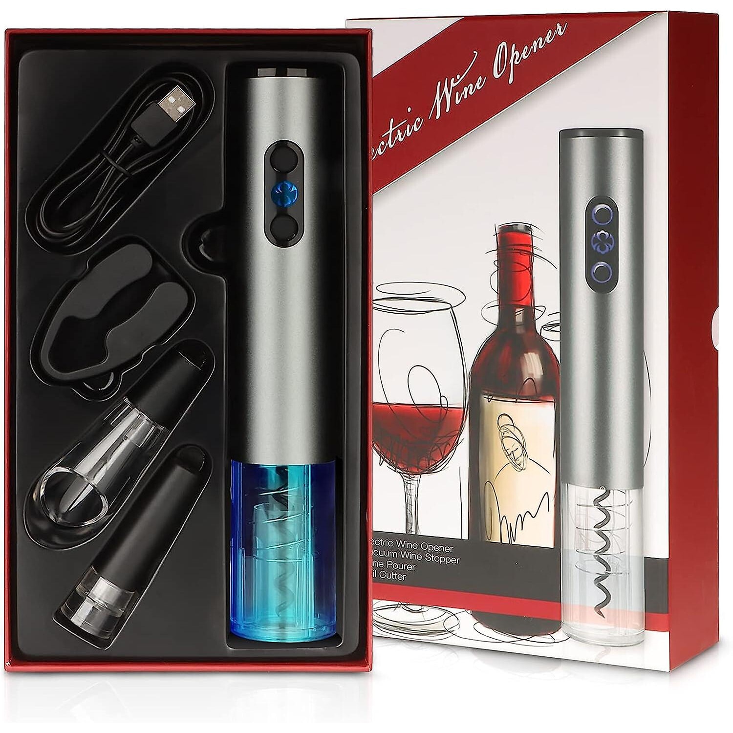 Set deschizator electric de vin, cu acumulator, otel inoxidabil, dop de ...