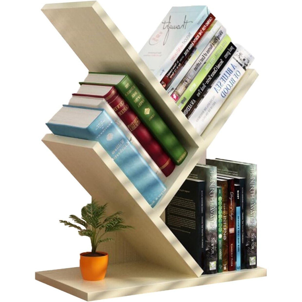 Raft pentru carti in forma de arbore, 4 compartimente, bej, montaj usor ...