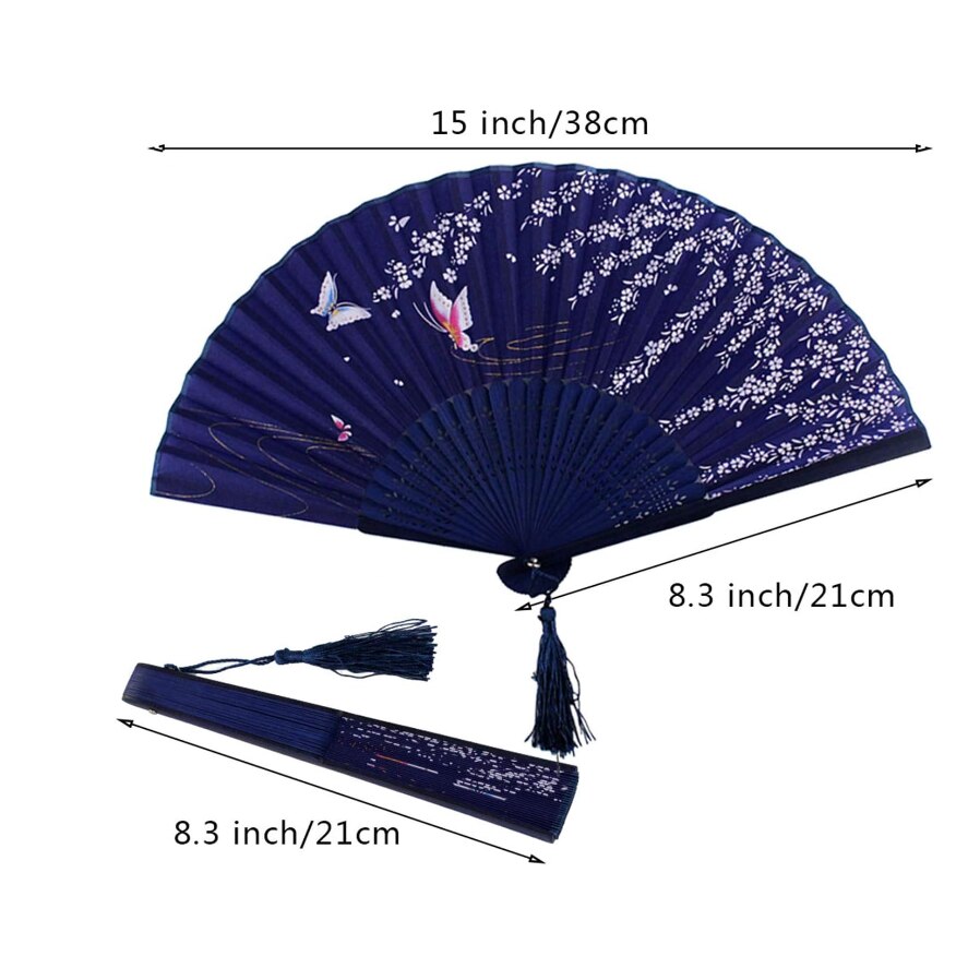 Set 2 Evantaie Pliabile, Stil Chinezesc, Motiv Flori si Fluturi, Matase si Bambus, Multicolor ...