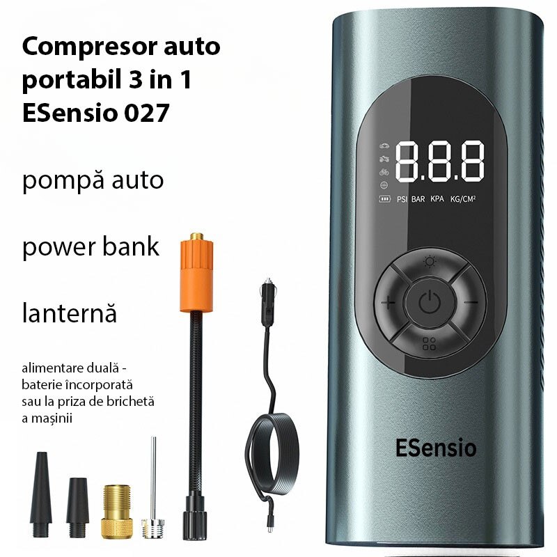 Compresor auto ESensio® EP6000 3 in 1, baterie 6000 mAh, power bank ...