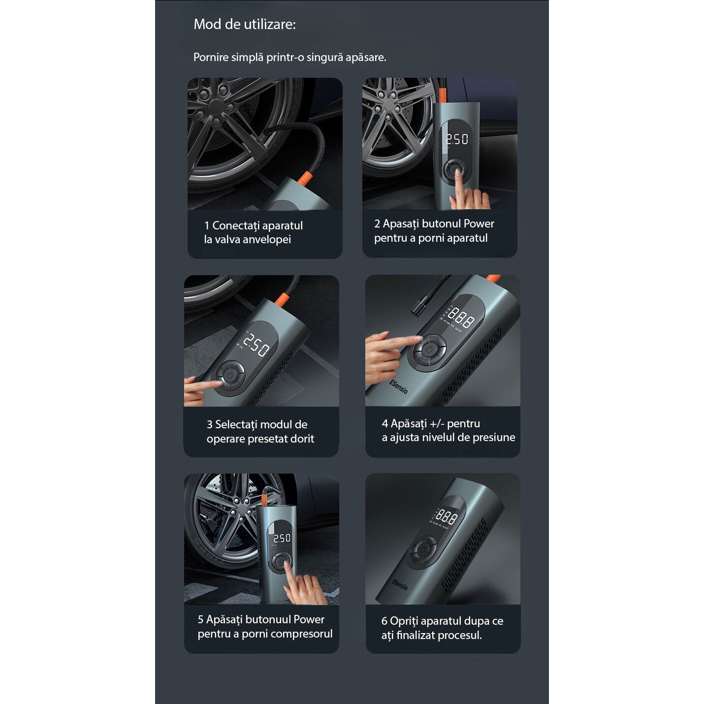 Compresor auto ESensio® EP6000 3 in 1, baterie 6000 mAh, power bank ...