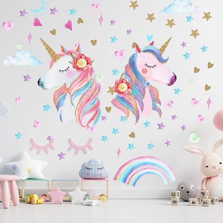 Set stickere decorative perete unicorni si curcubeu, 2 foi stickere ...