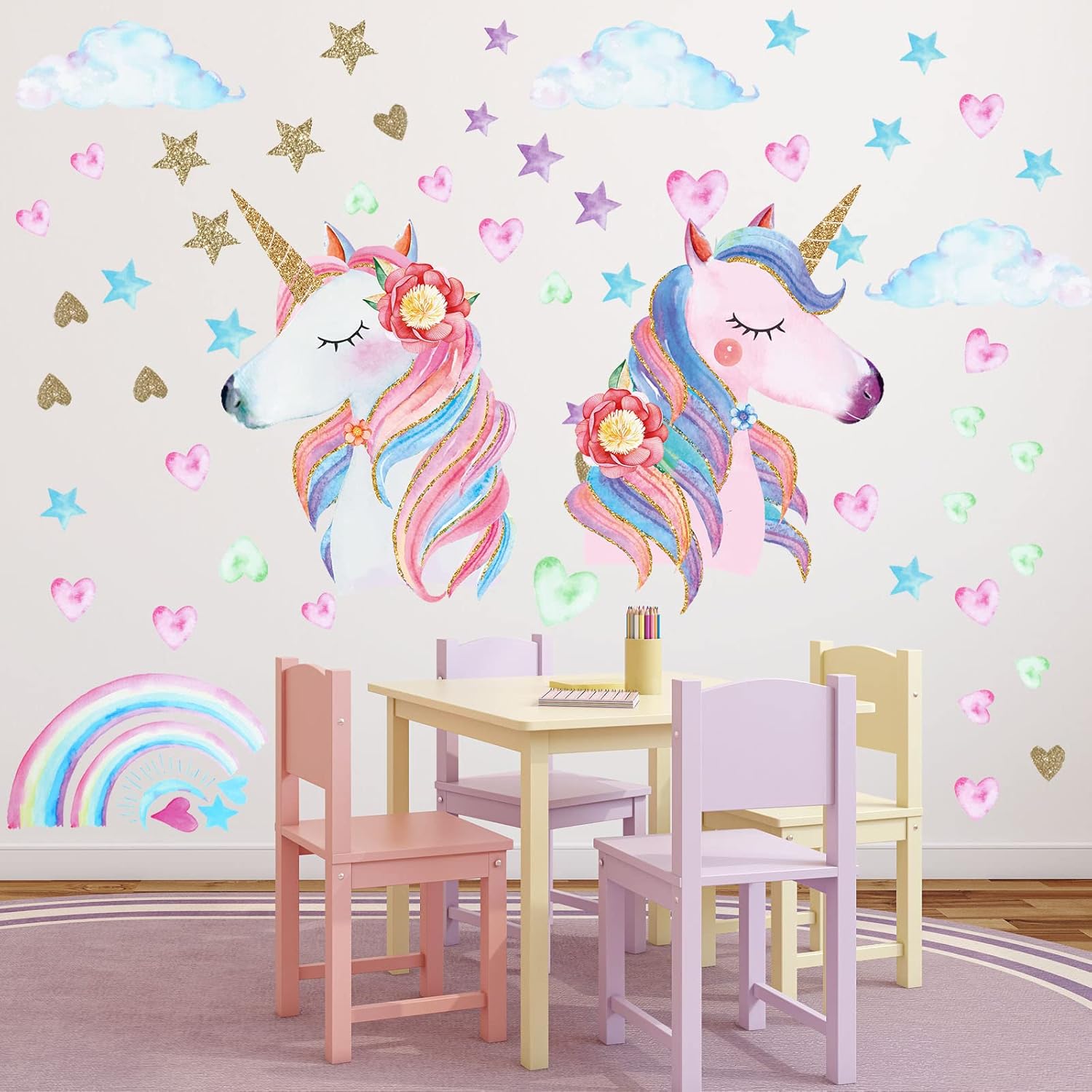 Set stickere decorative perete unicorni si curcubeu, 2 foi stickere ...