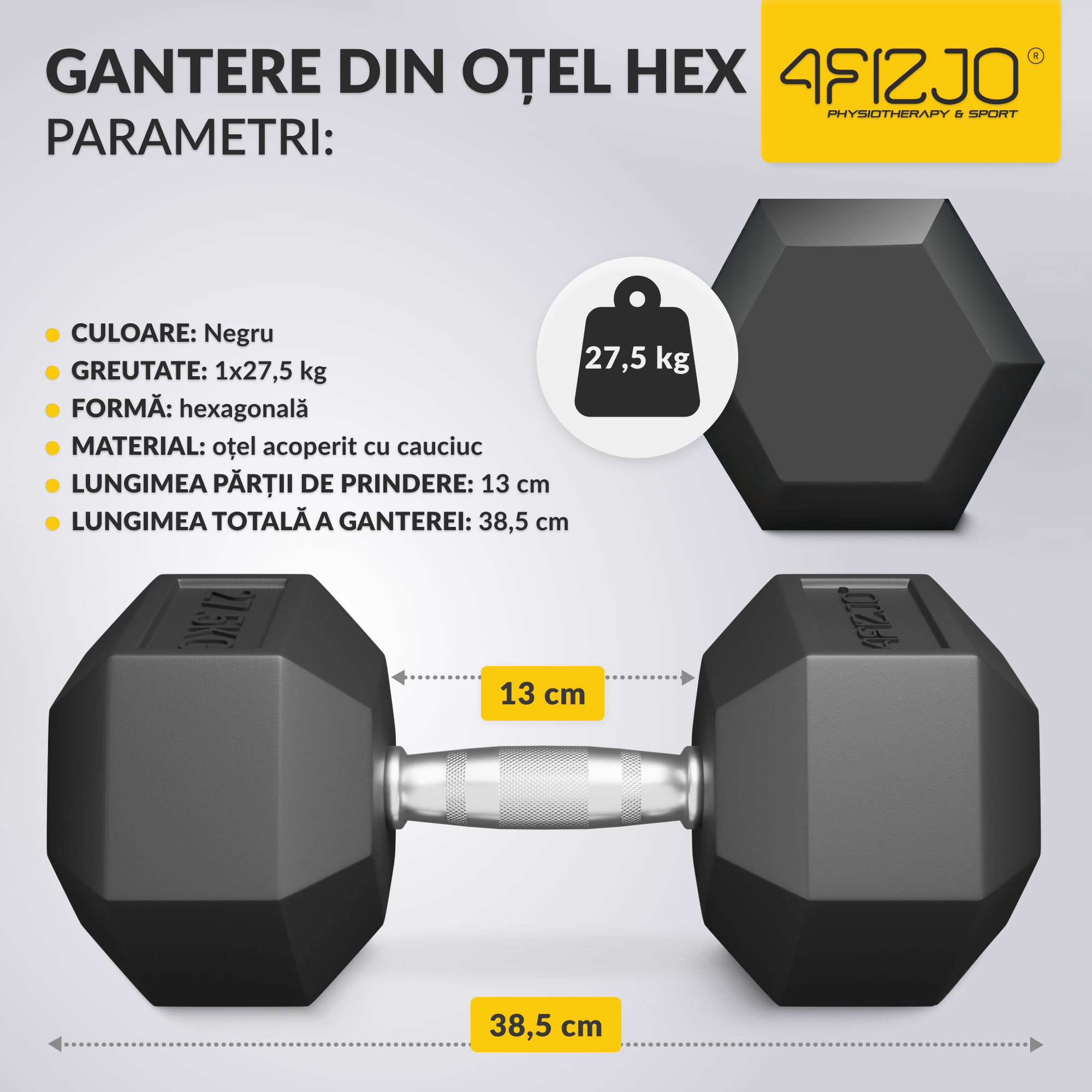 Haltera de otel HEX, 4FIZJO, pentru antrenament la sala de sport, forma ...
