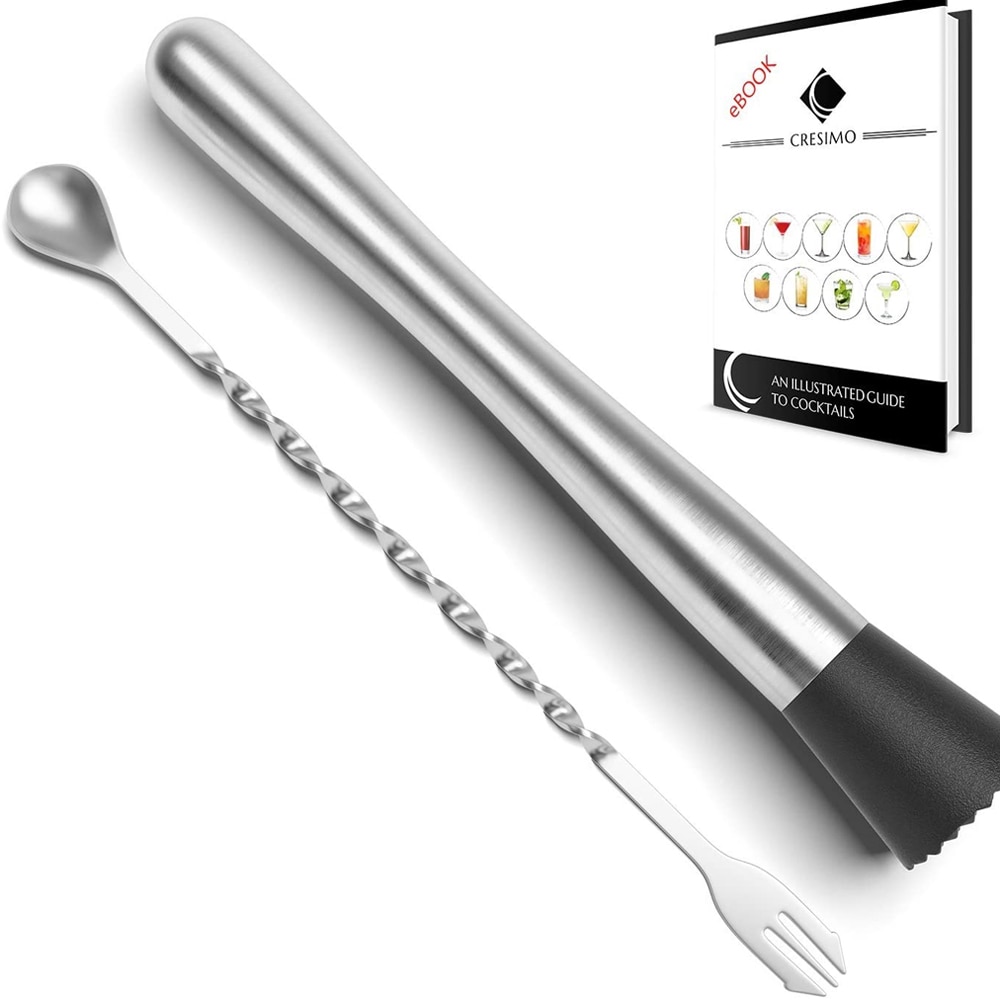 Rozsdamentes acél muddler és keverőkanál szett koktél receptkönyvvel ...