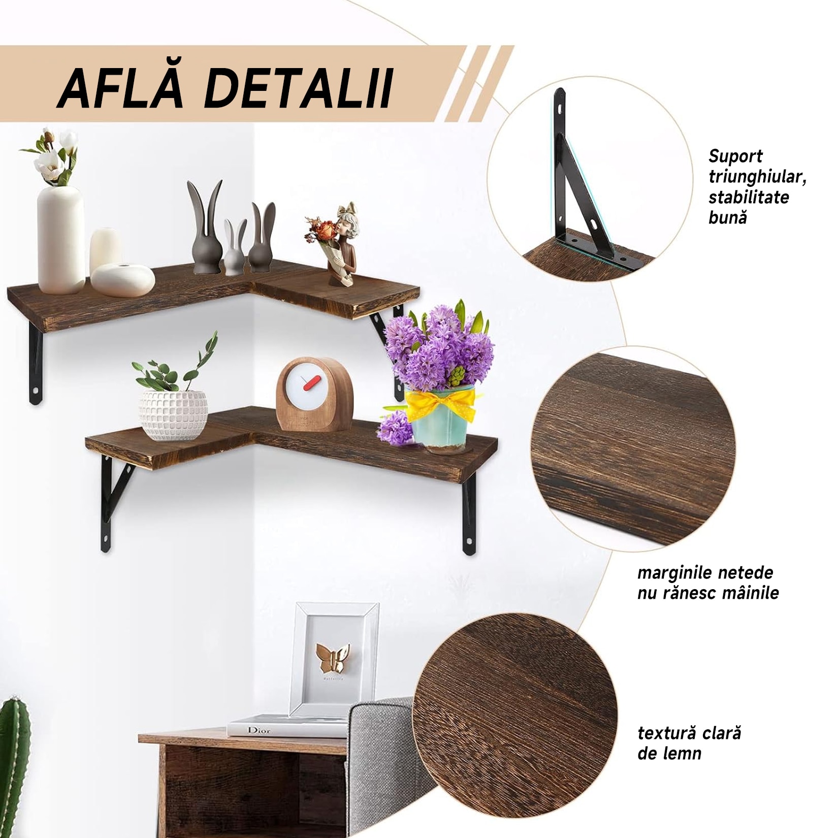 Set 4 rafturi de perete din lemn, rafturi de colt In forma de L ...