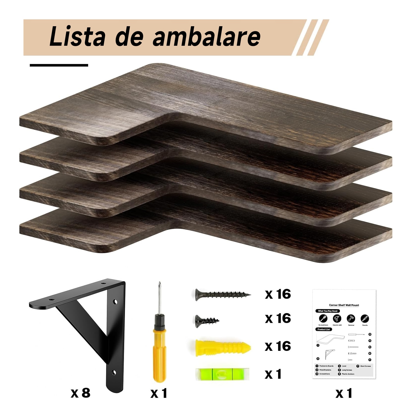 Set 4 rafturi de perete din lemn, rafturi de colt In forma de L ...