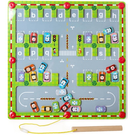 Montessori oktatójáték, labirintus mágneses autókkal, betűkkel ...