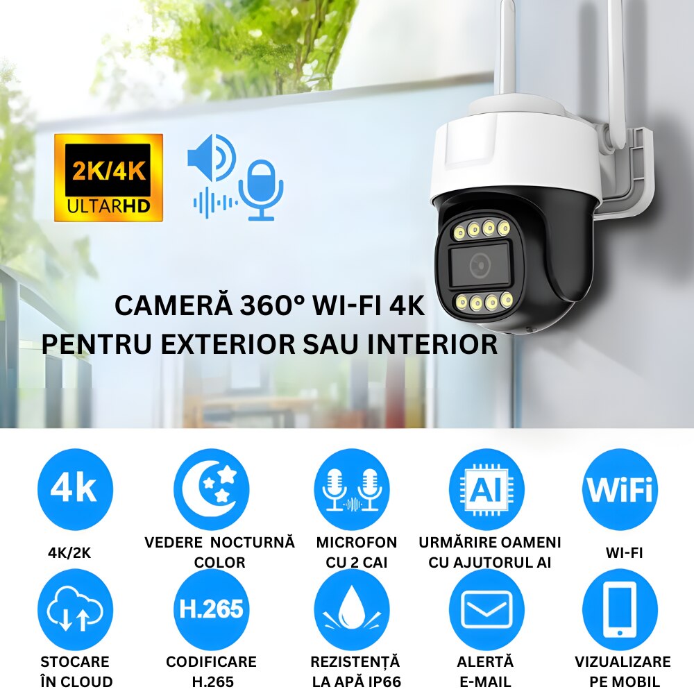 Camera de Supraveghere Ultra HD 4K/2K Exterior/Interior, Wi-Fi 2.4Ghz ...