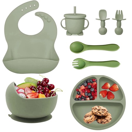 Set hranire bebelusi 10 piese, diversificare, silicon, baveta, farfurie cu CAPAC, bol cu ventuza ...