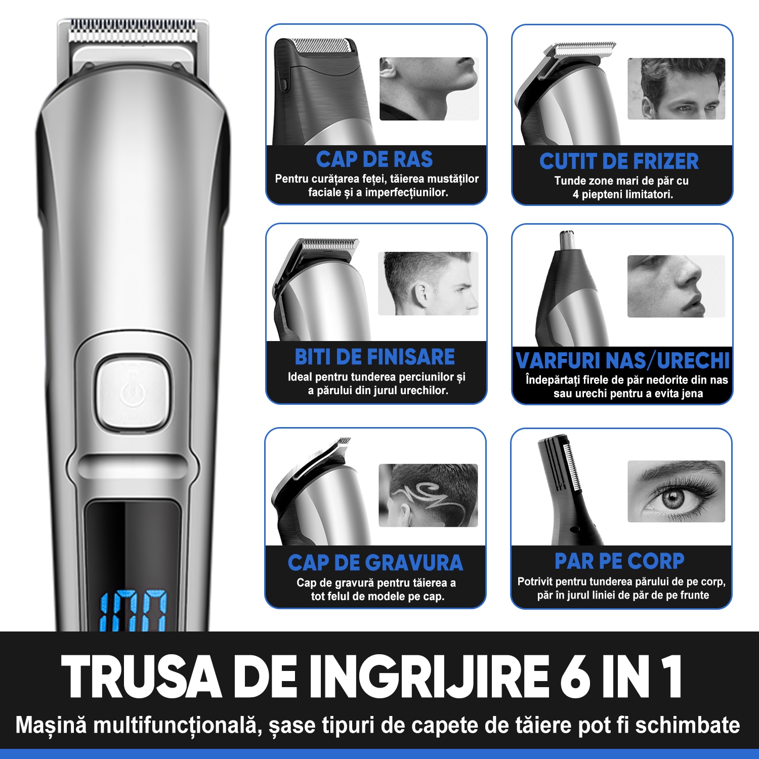 Set Aparat de tuns barba si parul profesional, Ultrixe, 6-in-1, Wet&Dry ...