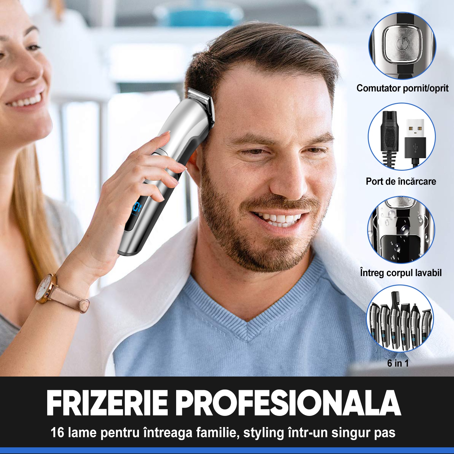 Set Aparat de tuns barba si parul profesional, Ultrixe, 6-in-1, Wet&Dry ...