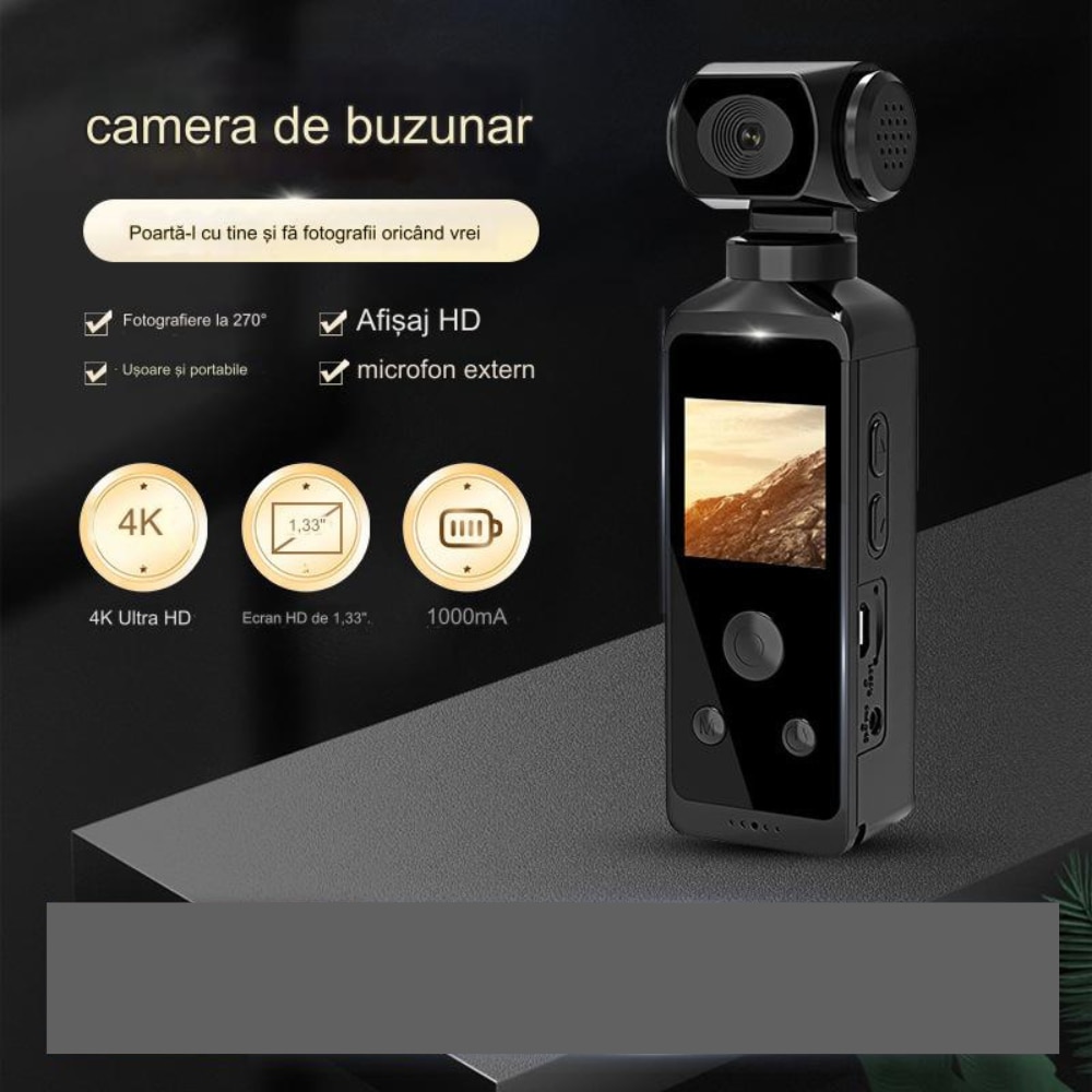 Camera pentru Vlog 4K: Dispozitiv Portabil cu Rotatie de 270 de Grade si Card de Memorie de 64 ...