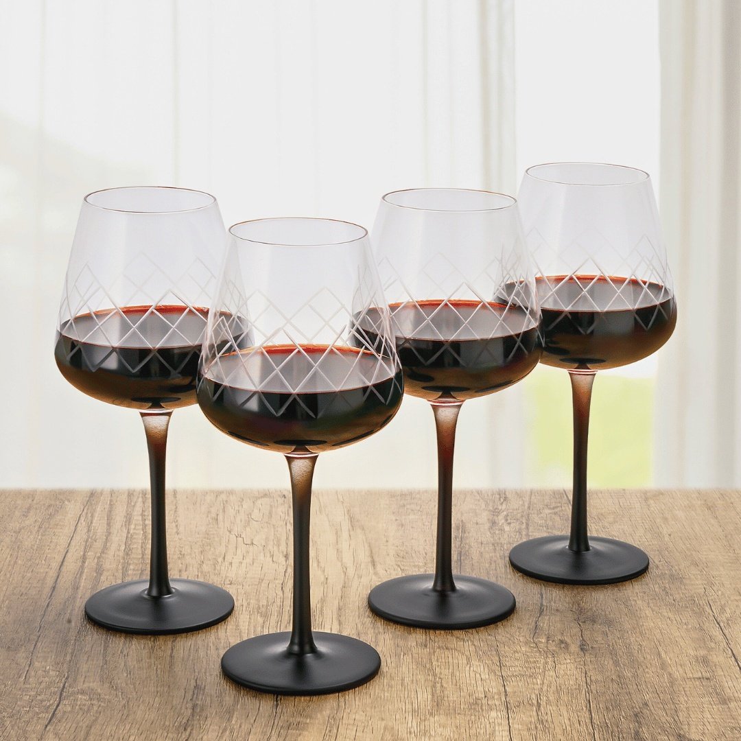 Set 4 Pahare vin rosu, Crystaluna, cu picior negru elegant, sticla ...